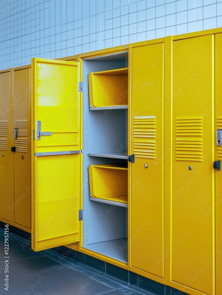 Yellow school lockers with open doors, inside showing empty shelves ...