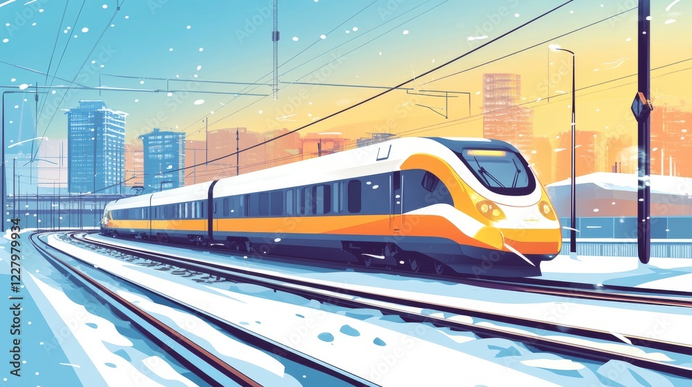 Railway banner with isometric locomotive and rail track elements ...