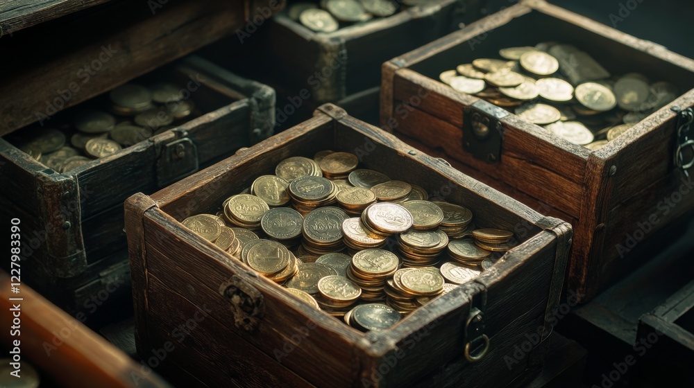 Treasure chests with gold, silver and bronze coins . Vector cartoon ...