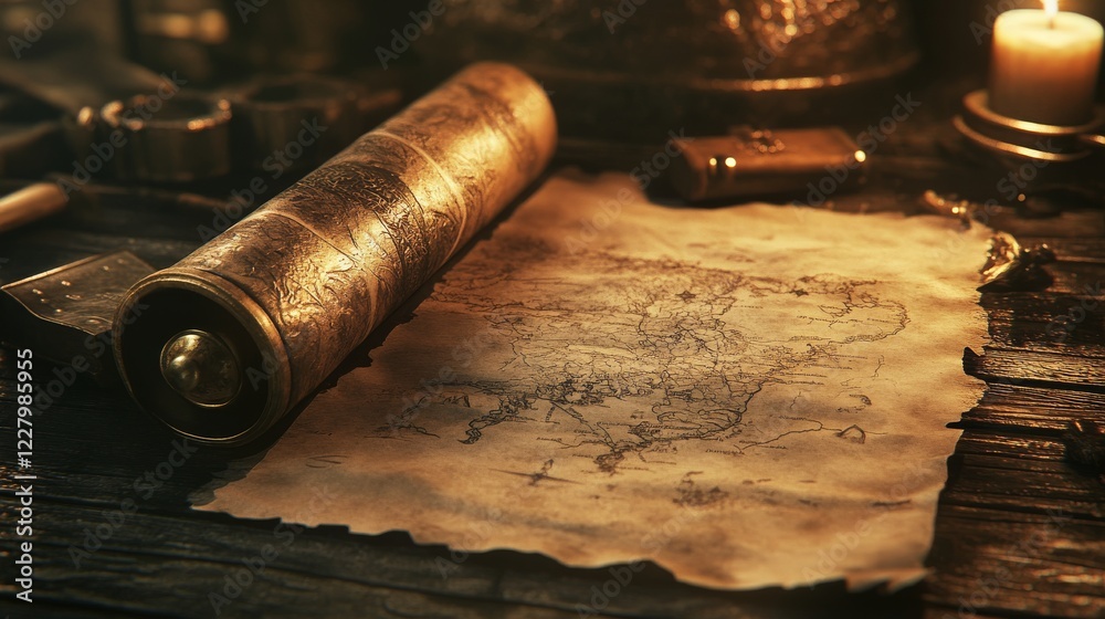 Magic game parchment scroll for old map with treasure. Papyrus roll ...