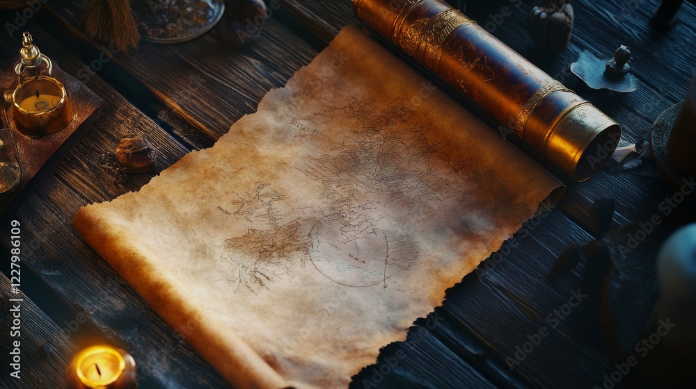 Magic game parchment scroll for old map with treasure. Papyrus roll ...