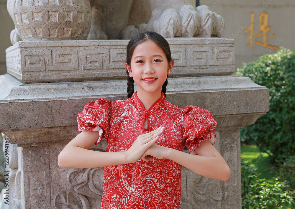Chinese girl in traditional dress with greeting posture celebration for ...