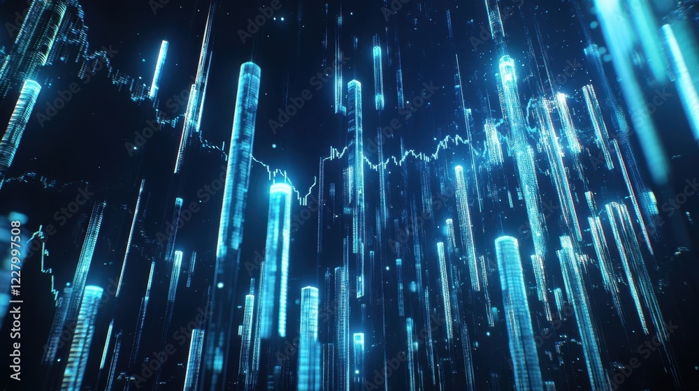 Holographic projections of financial symbols cascade down from ...