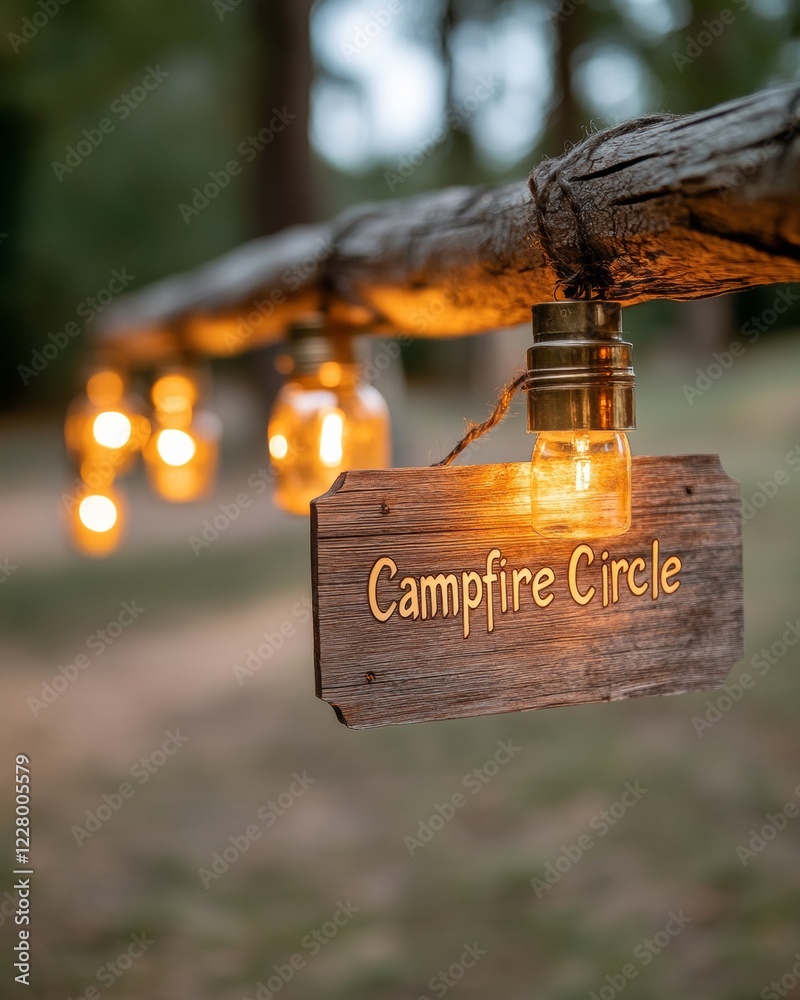 Rustic Signage at Youth Campfire Circle Weathered Wood with Lanterns ...