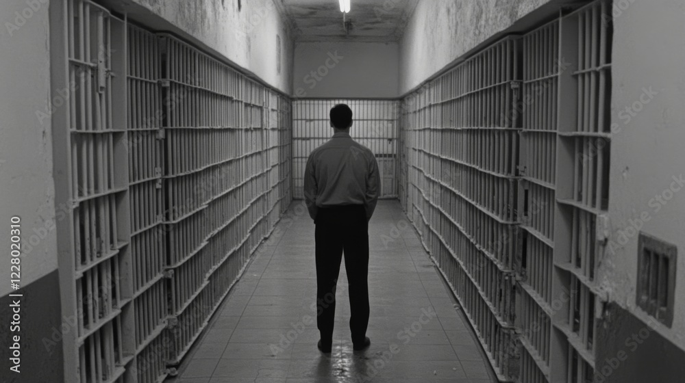 Man stands alone in a long prison corridor, facing away, with cells ...