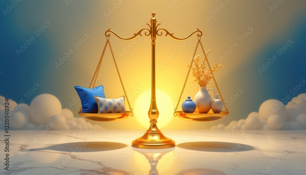 Golden Balance Scale on White Marble with Floral Pillow and Decorative ...