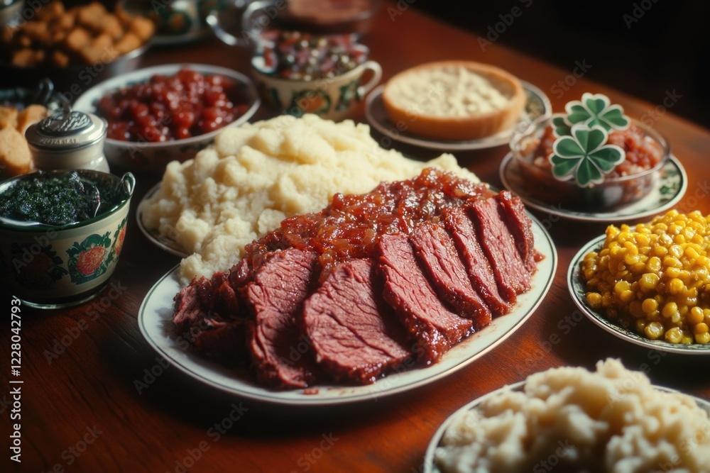 Traditional Thanksgiving feast with potato salad, roast beef, cranberry ...