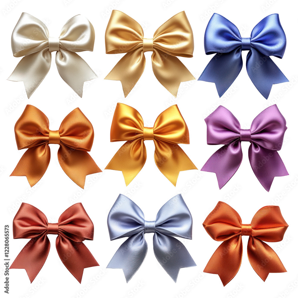 Nine vibrant satin bows displayed in a neat grid format, isolated on a ...