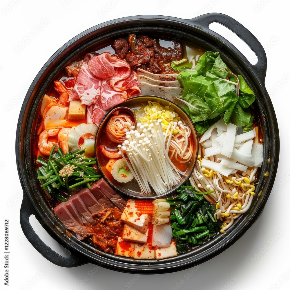 Steaming hot pot of korean budae jjigae, also known as army stew ...