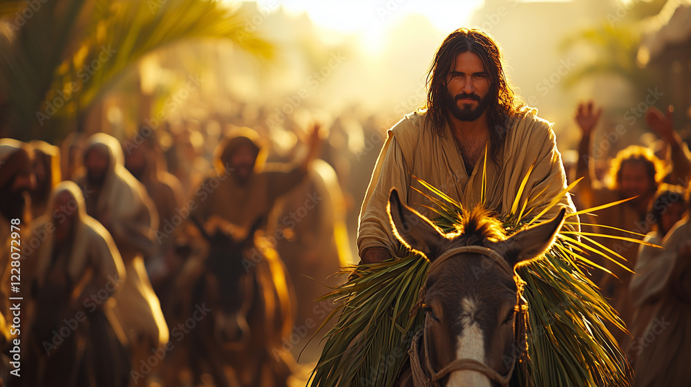 Triumphal entry of Jesus into Jerusalem riding on a donkey and crowd of ...