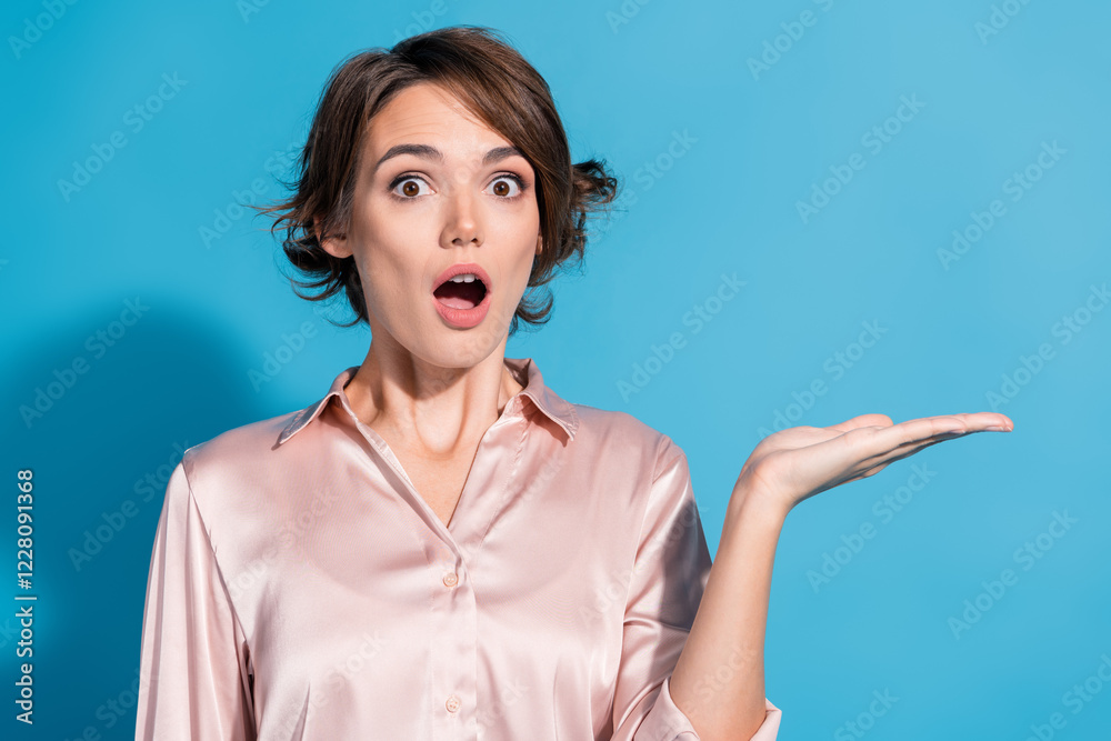 Surprised young woman with open mouth and palm up gesture against blue background Stock Photo ...