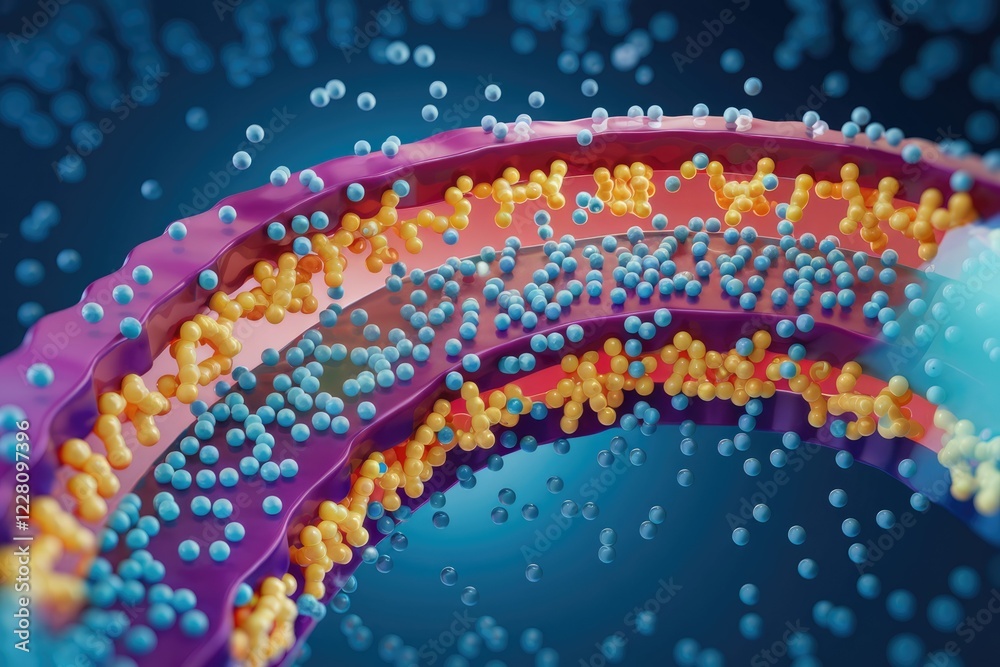 Microscopic 3D rendering of a cell membrane showcasing protein channels ...