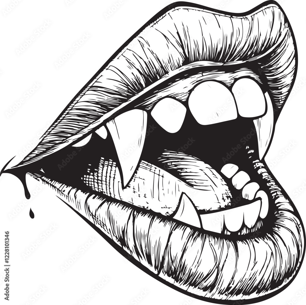 Vector de Stock Vampire Teeth Mouth Bite Blood Linear Sketch Drawing ...