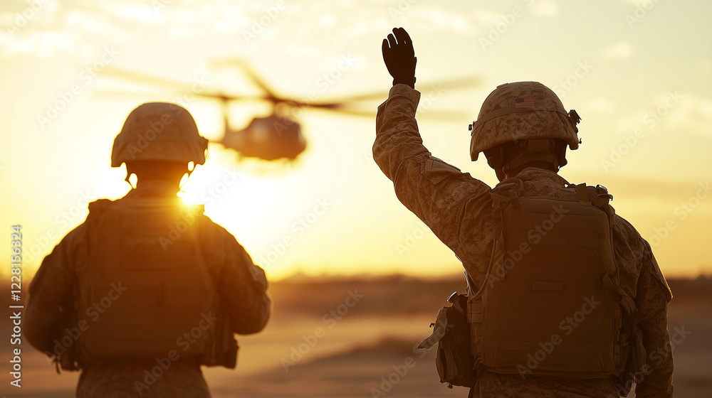 Two soldiers waving goodbye as a helicopter takes off at sunset ...