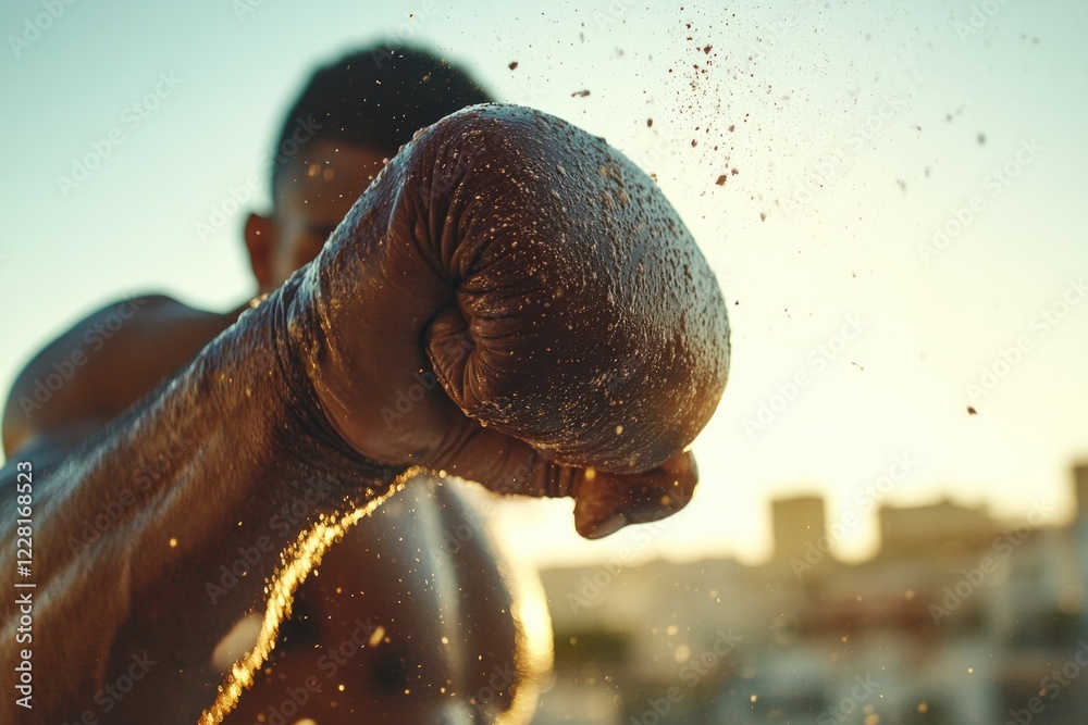 cinematic ultra-detailed close-up of male boxer mid-punch in outdoor ...