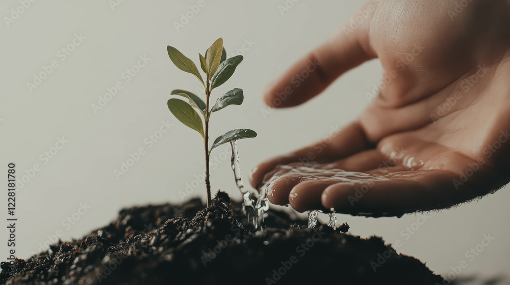 Hand Collecting Water From A Sapling, Representing Conservation ...