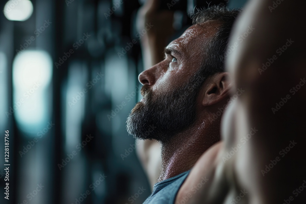 ultra-detailed side-profile shot of muscular man performing seated ...