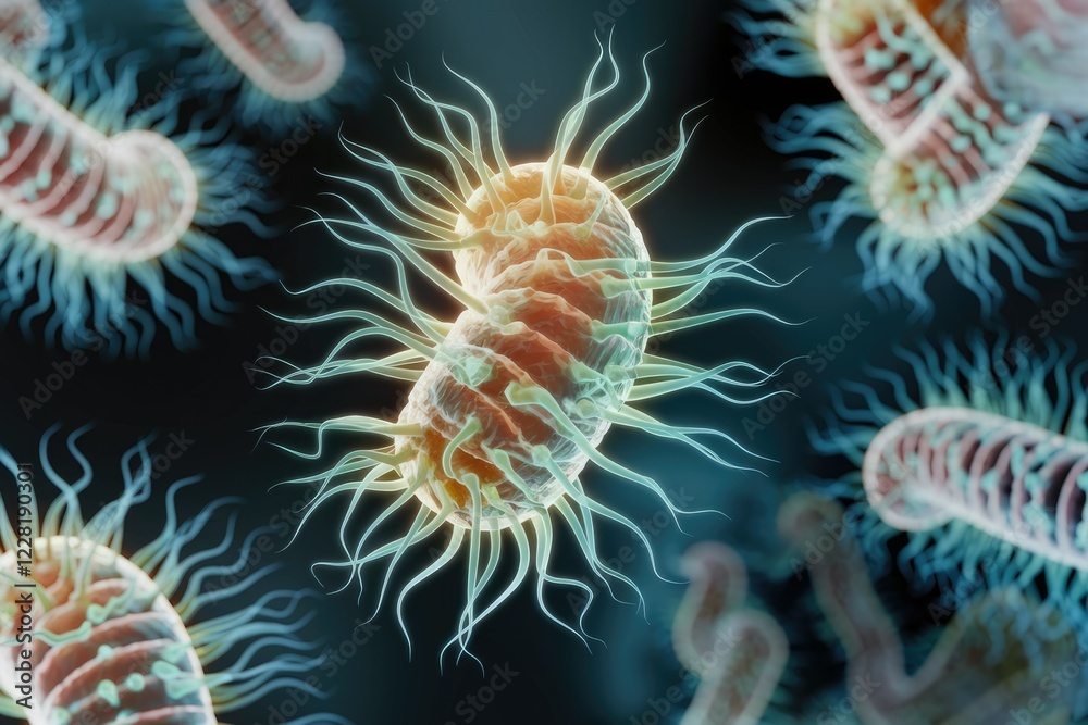 Microscopic view of multiple bacteria with flagella, illustrating their ...