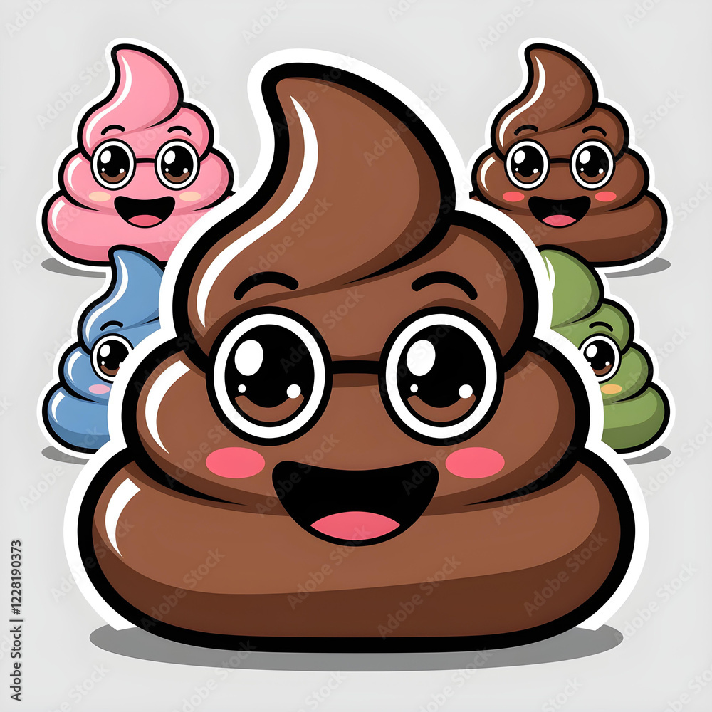 Cute poop emoji with colorful mini mascots, fun and playful cartoon ...