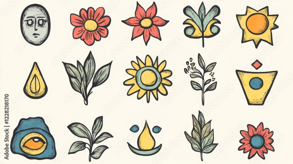 Colorful illustrations of nature-inspired symbols showcasing flowers ...