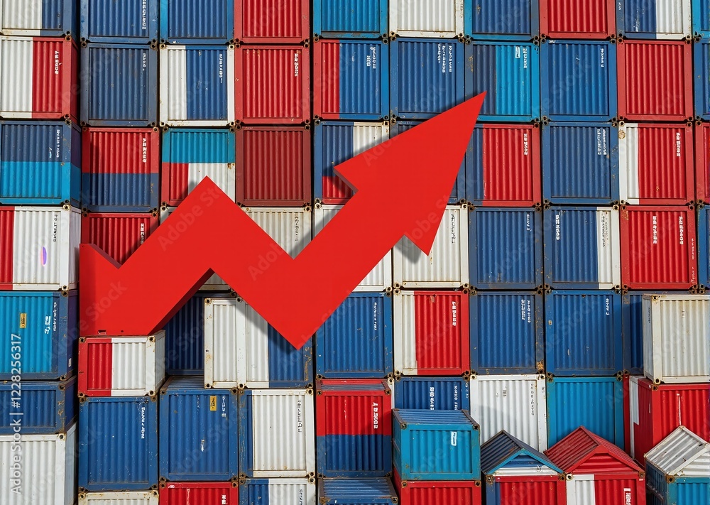 Shipping container with upward arrow: Symbol of rising trade volumes ...
