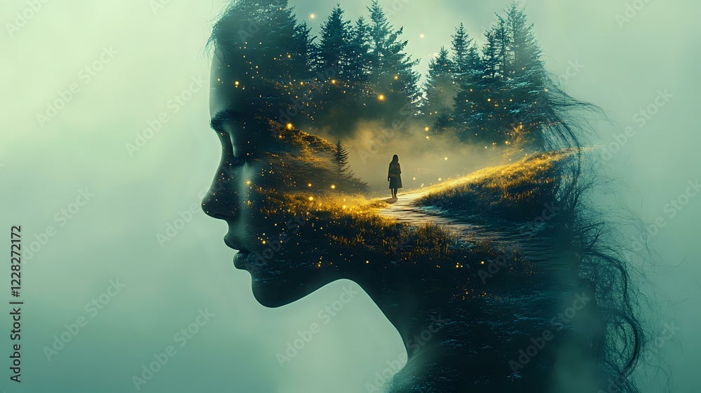 Mystical double exposure portrait combining female profile with foggy ...
