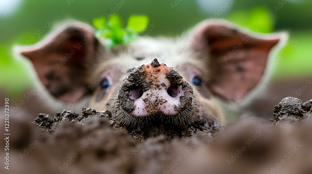 Curious pig with muddy snout peeking over dirt mound, close-up view ...