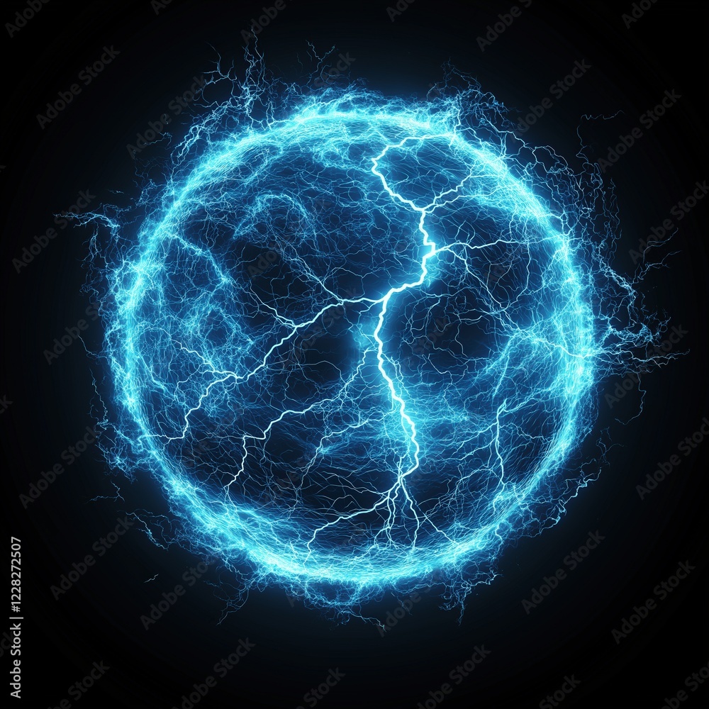Glowing electric energy sphere with blue lightning bolts on dark ...
