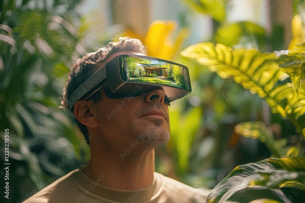 Man wearing VR headset, experiencing immersive virtual tour of a house ...