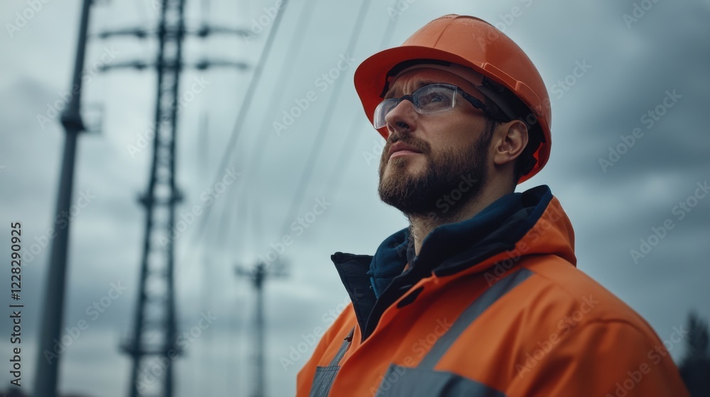 Professional male engineer in orange safety gear looks up at stormy sky ...