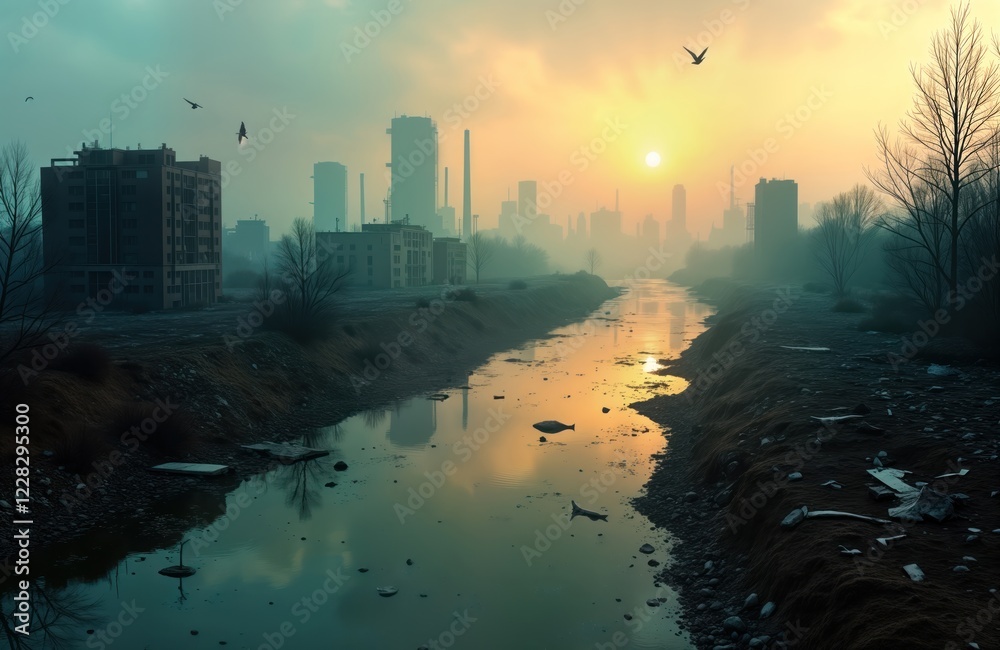 Polluted river flows through industrial landscape. Destroyed buildings ...