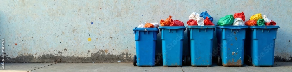 Blue bins overflowing with recyclables against a worn wall, waste ...