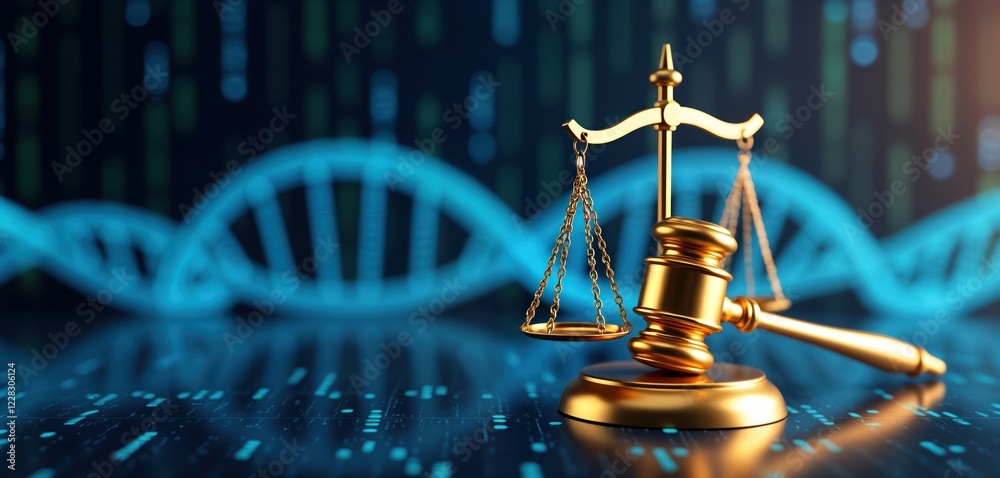 Golden scales of justice, gavel on digital DNA backdrop. Concept of ...