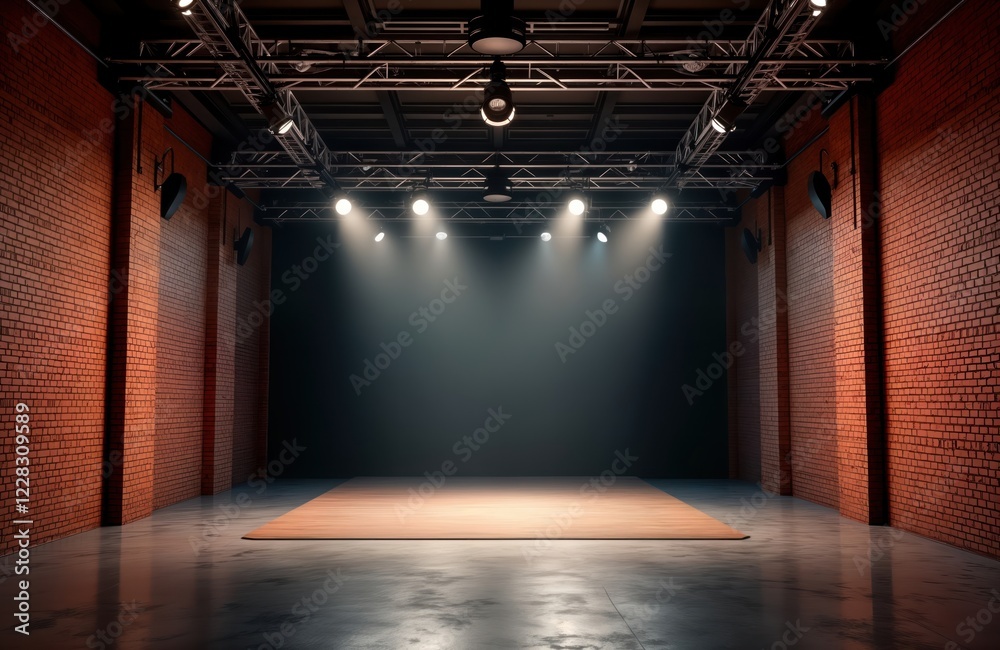 Empty concert stage with brick walls metal trusses, soffit lights ...