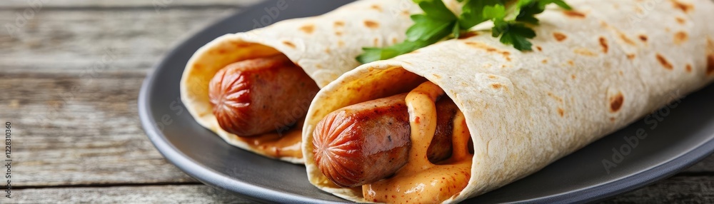 Hot dog sausage in a tortilla wrap with spicy chipotle cream sauce ...