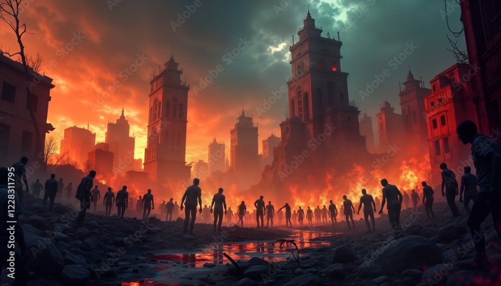 Zombies swarm over ruined city. Horde moves through ruined buildings ...