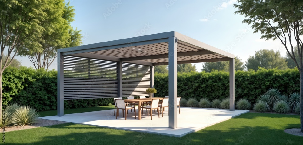 Stylish bioclimatic pergola with louvers provides shade, ventilation ...