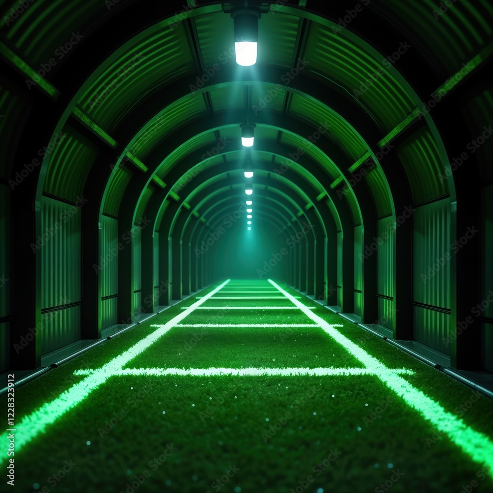 Empty tunnel with green turf. Futuristic corridor illuminated by green ...