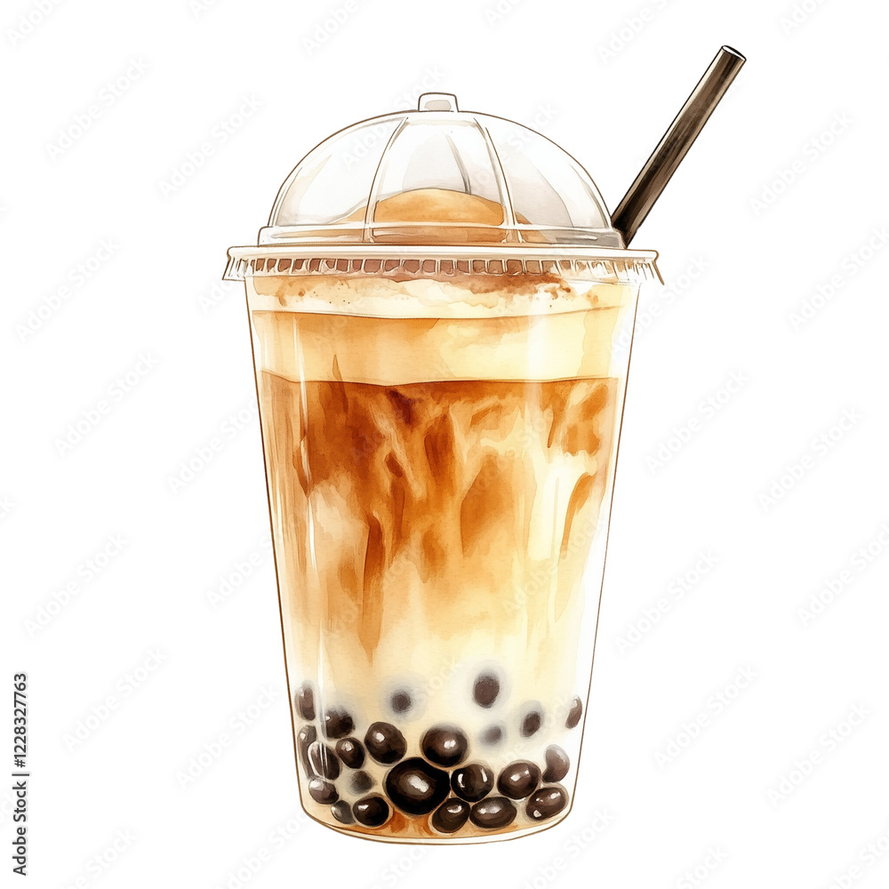 Isolated on white of a tall glass of Taiwan milk tea layers of creamy ...