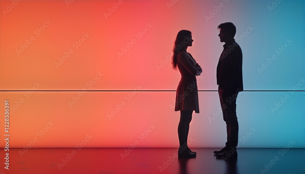 Silhouette of man, woman facing away. Emotional distance shown by thin ...