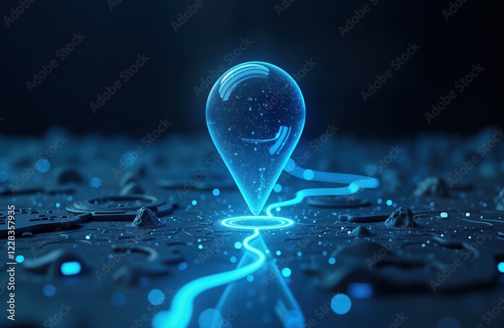 Luminous blue digital map pin floats above sleek background. Futuristic ...