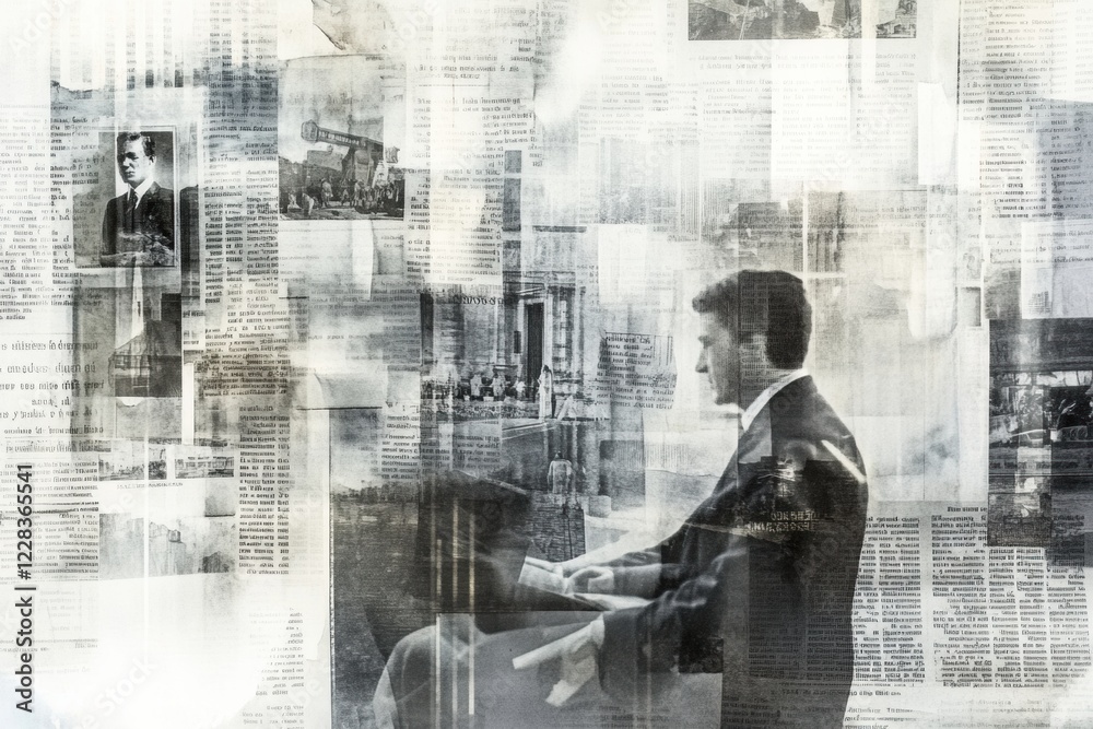 Overlapping vintage newspaper clippings creating a layered historical ...