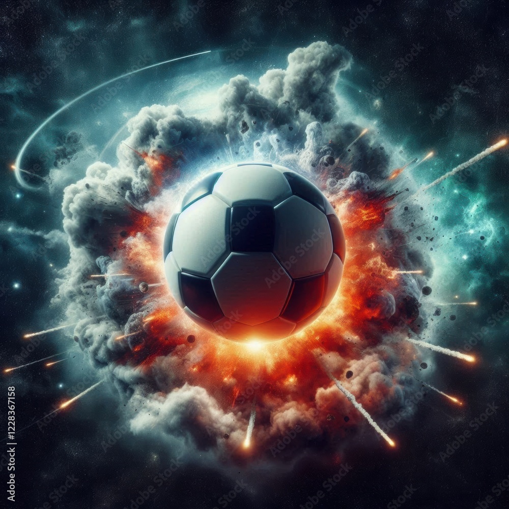 a photo realistic soccer ball as a planet in space with smoke and ...