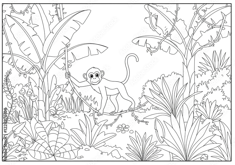 Jungle Monkey Coloring Page - A4 & Letter Size Stock Illustration ...