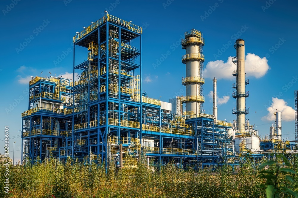 Large industrial refinery complex under a bright blue sky. Illustrates ...