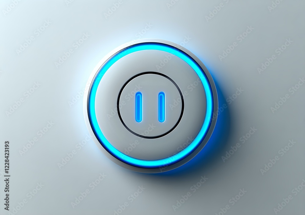 Glowing pause button with neon blue backlight on metallic silver ...