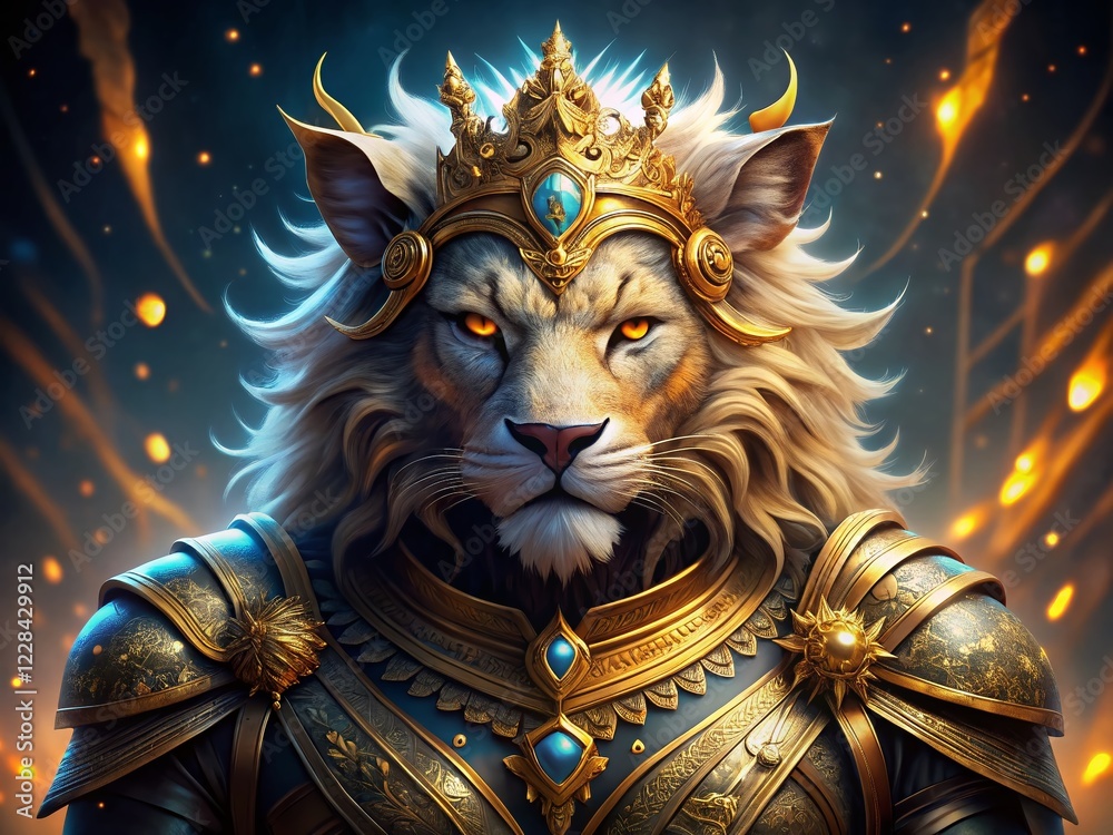 Majestic Lion God in Ornate Battle Armor: Symbol of Strength and Divine ...