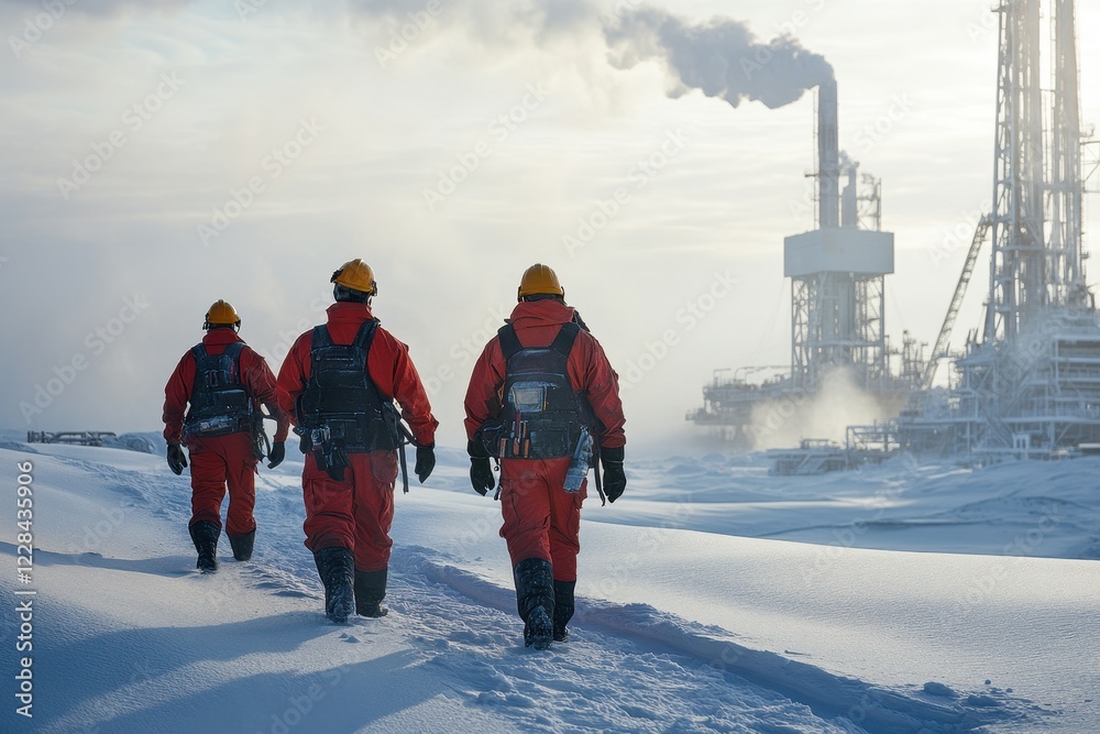 Three oil workers walk in snowy landscape. Illustrates remote arctic ...