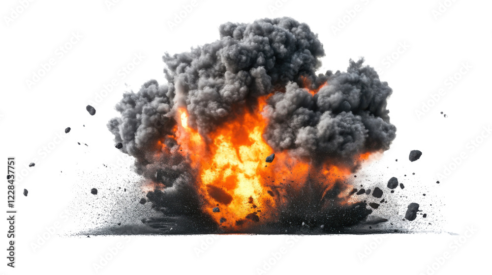 Massive explosion with smoke and debris on transparent background ...