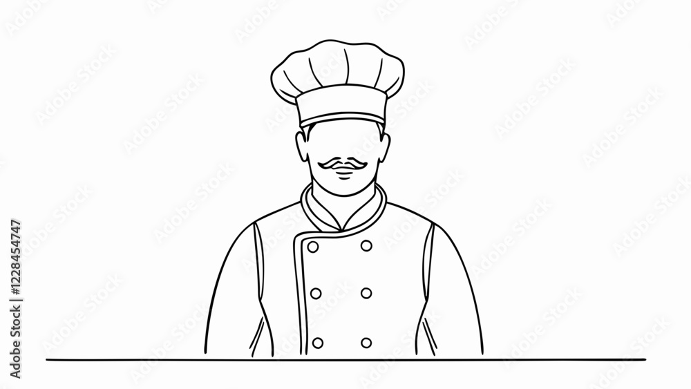 Minimalist line drawing of chef with toque and mustache. Simple clean ...